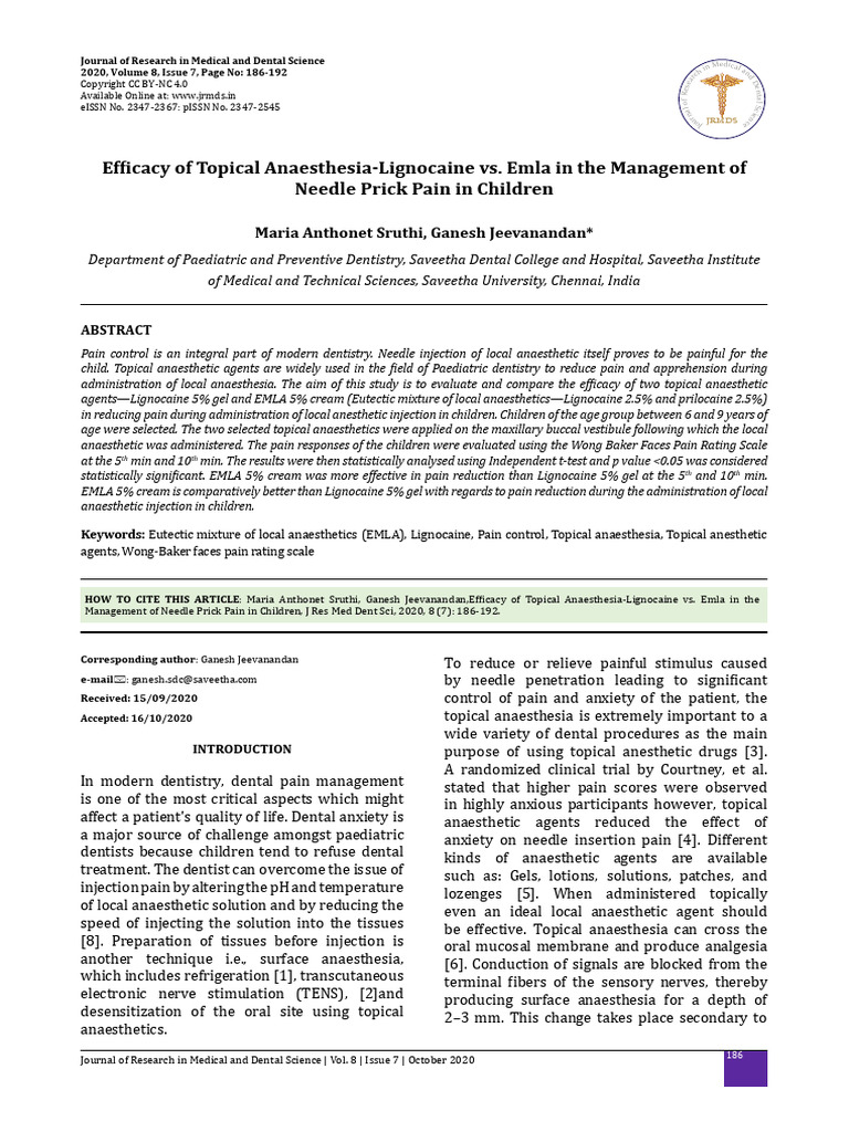 Efficacy of Topical Anaesthesialignocaine Vs Emla in The Management of ...