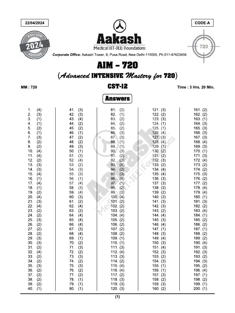 Intensive (AIM-720) CST-12A - 22-04-2024 - Sol - @RAJHARSH77 | PDF