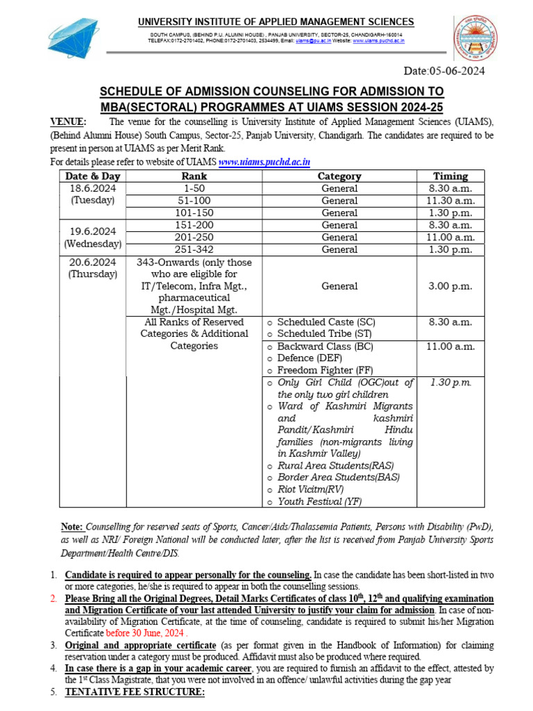 Schedule of Admission Counseling For Admission To Mba (Sectoral ...