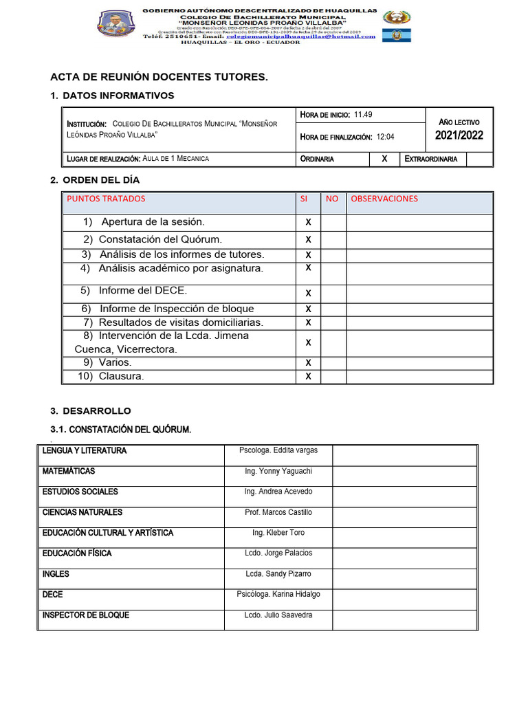 Acta Reunión Tutores Colegio Proaño | PDF