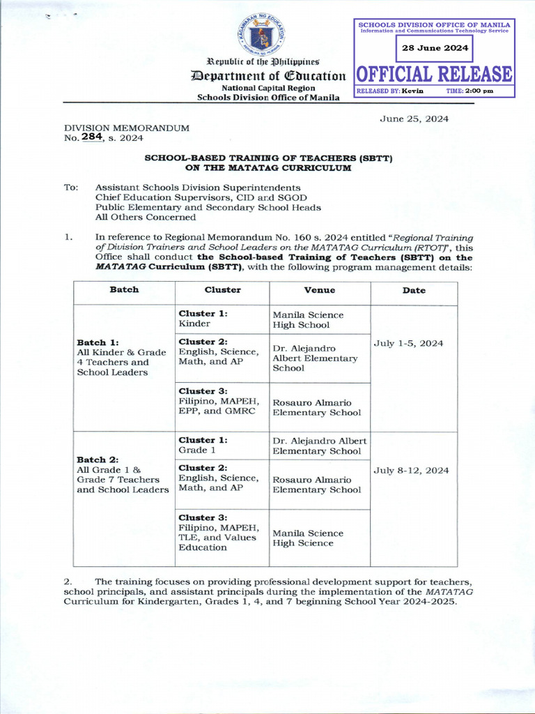 DM 284 S. 2024 SCHOOL BASED TRAINING OF TEACHERS SBTT ON THE MATATAG ...