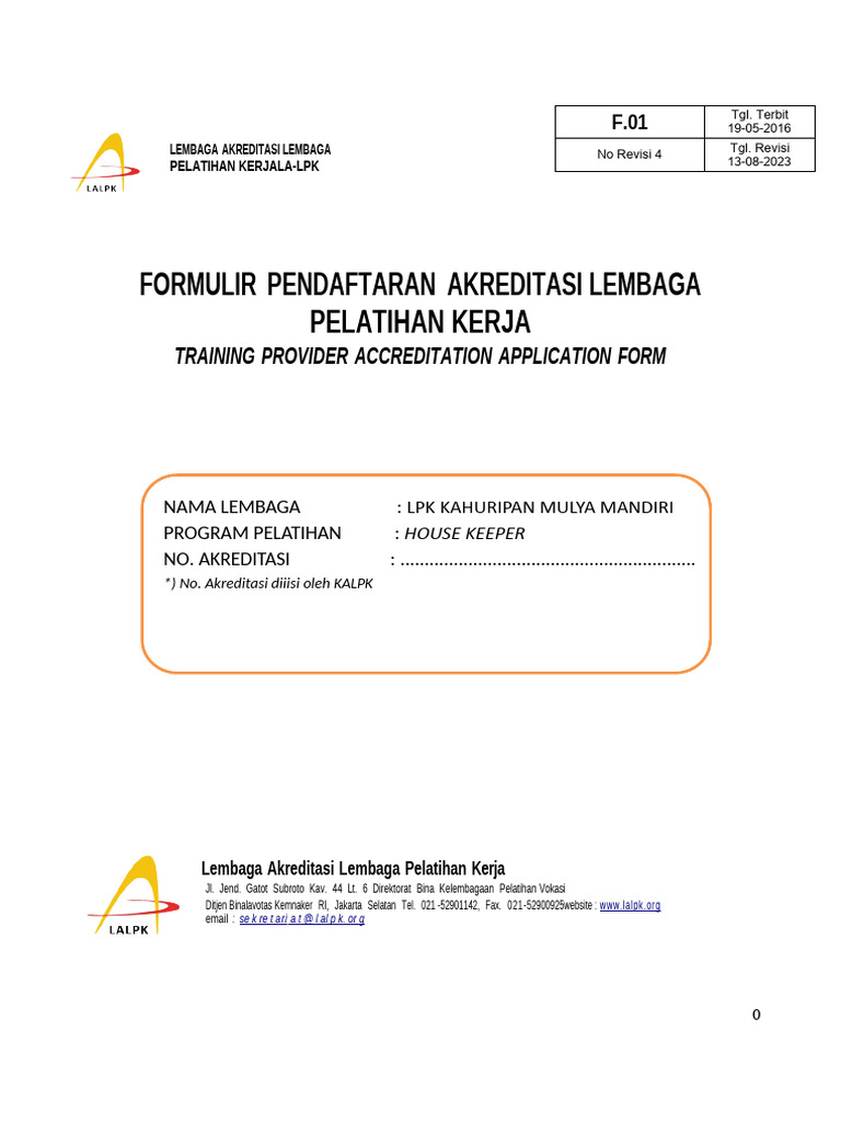 New New, f.01 (Formulir Pendaftaran Akreditasi LPK) Revisi 05 LPK Kahuripan Mulya Mandiri | PDF