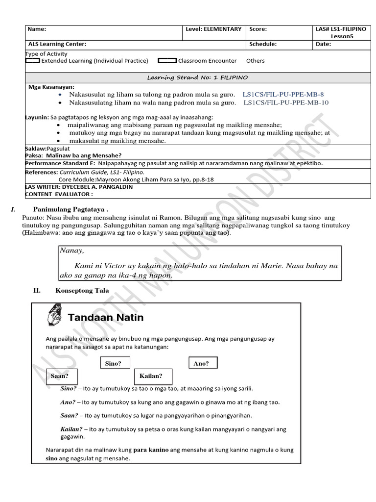 Ls 1 - Fil. Elem&Jhs - Lesson 1-2 Pagbubuod | PDF