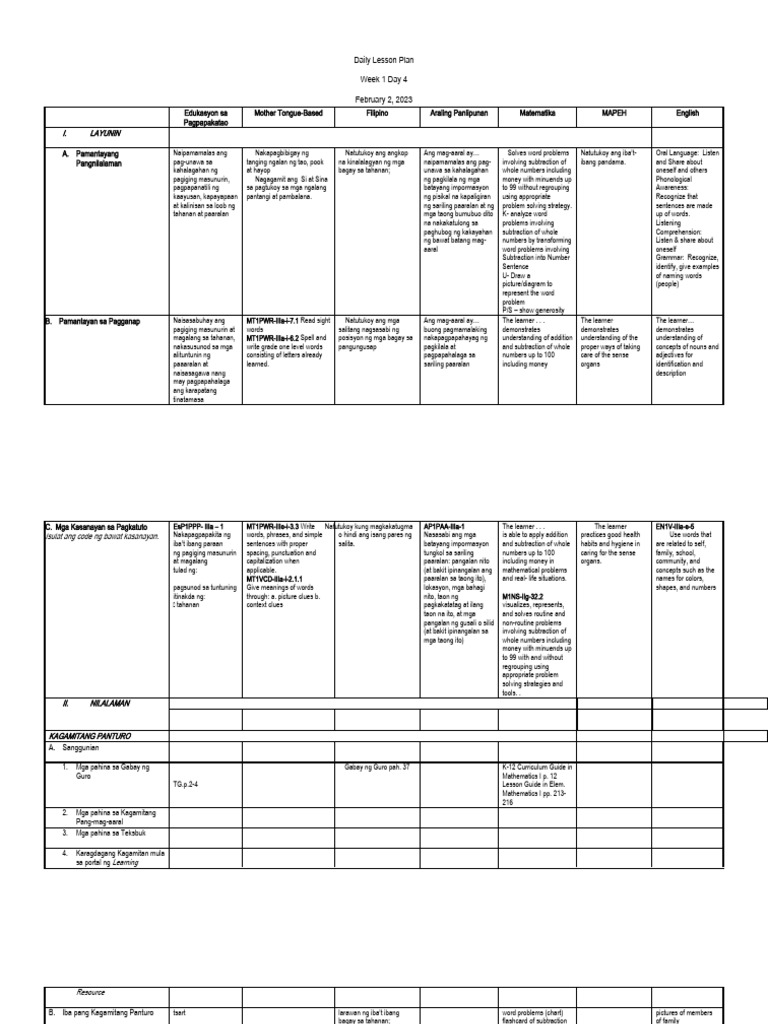 Grade 1 DLL All Subjects Q3 Week 1 Day 4 | PDF