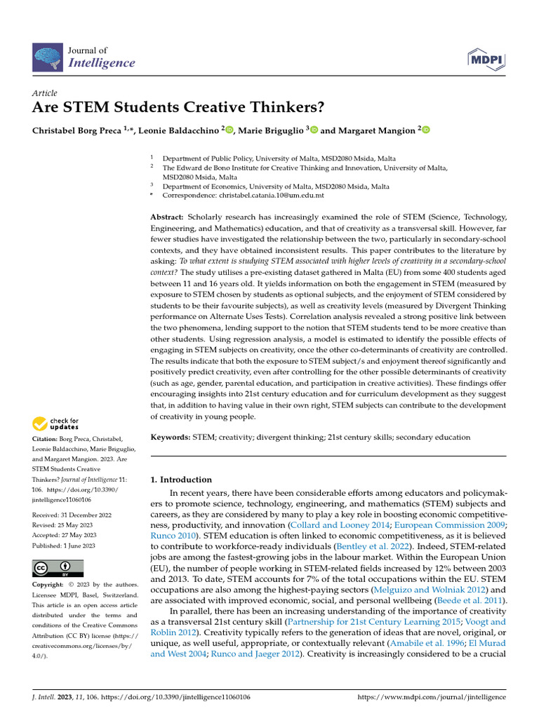 Are STEM Students Creative Thinkers | PDF | Creativity | Science ...