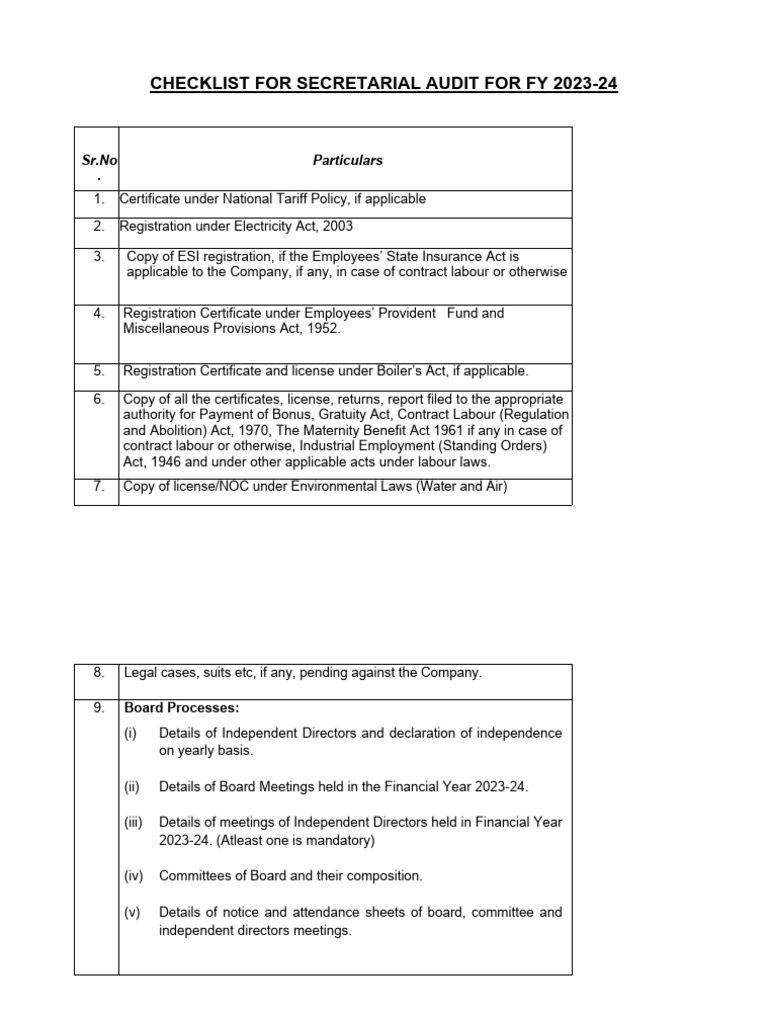Checklist For Secretarial Audit-2023-24 | PDF | Employment | Payroll