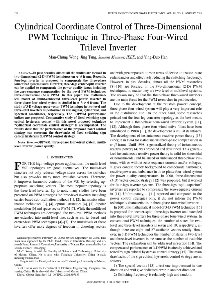 Cylindrical Coordinate Control of Three-Dimensional PWM Technique in Three-Phase Four-Wired ...