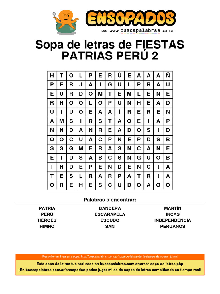 Sopa de Letras de Fiestas Patrias Perú - 2 | PDF