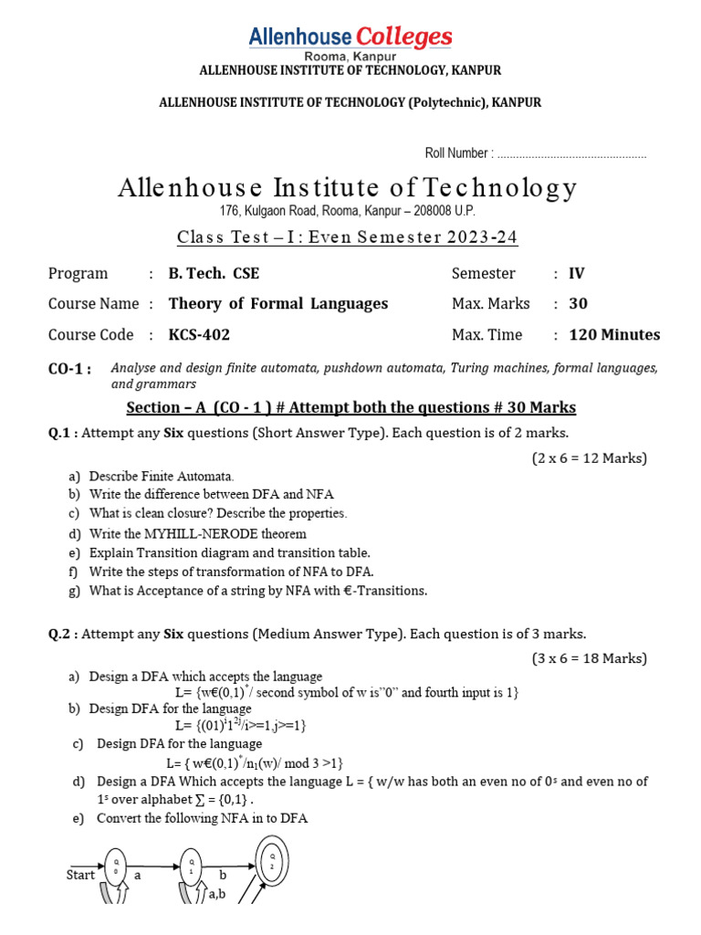 16 - Sessional Test - QP | PDF | Automata Theory | Theoretical Computer ...