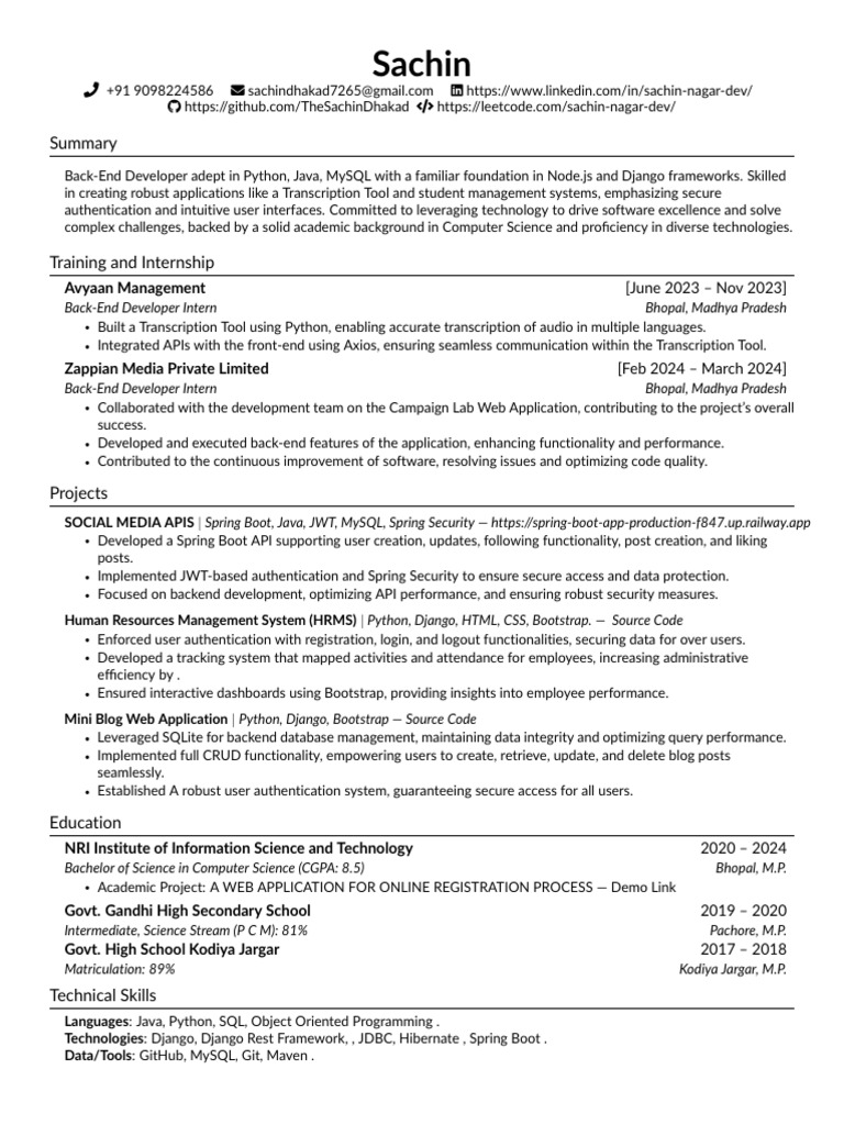 Back-End Developer Resume Template | PDF | Compiler | Python ...