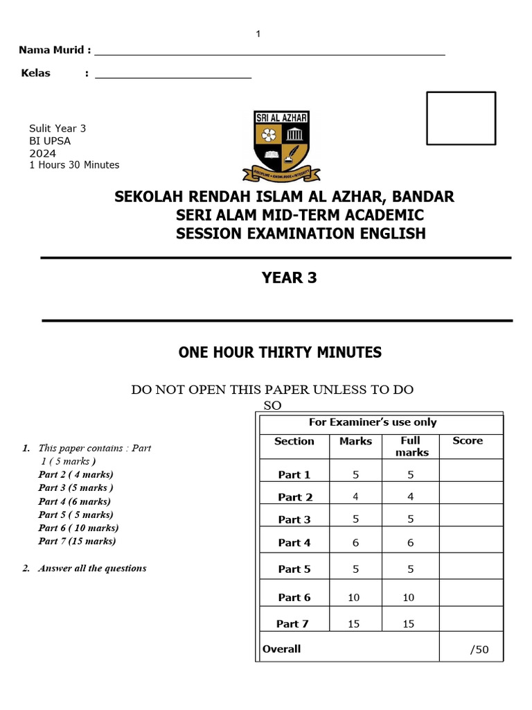 English Year 3 Upsa 2024 Bi | PDF