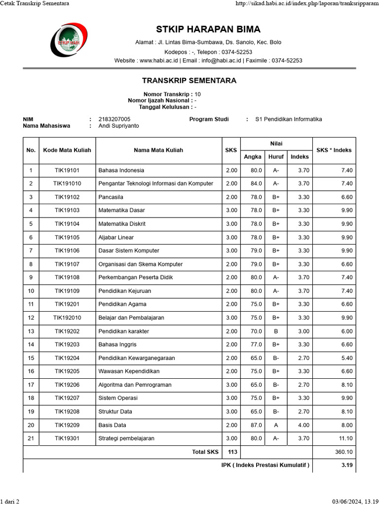 Cetak Transkrip Sementara-ANDI SUPRIYANTO | PDF