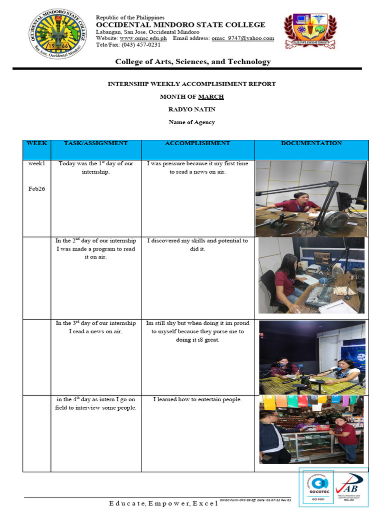 Internship Weekly Accomplishment Report | PDF | Human Communication ...