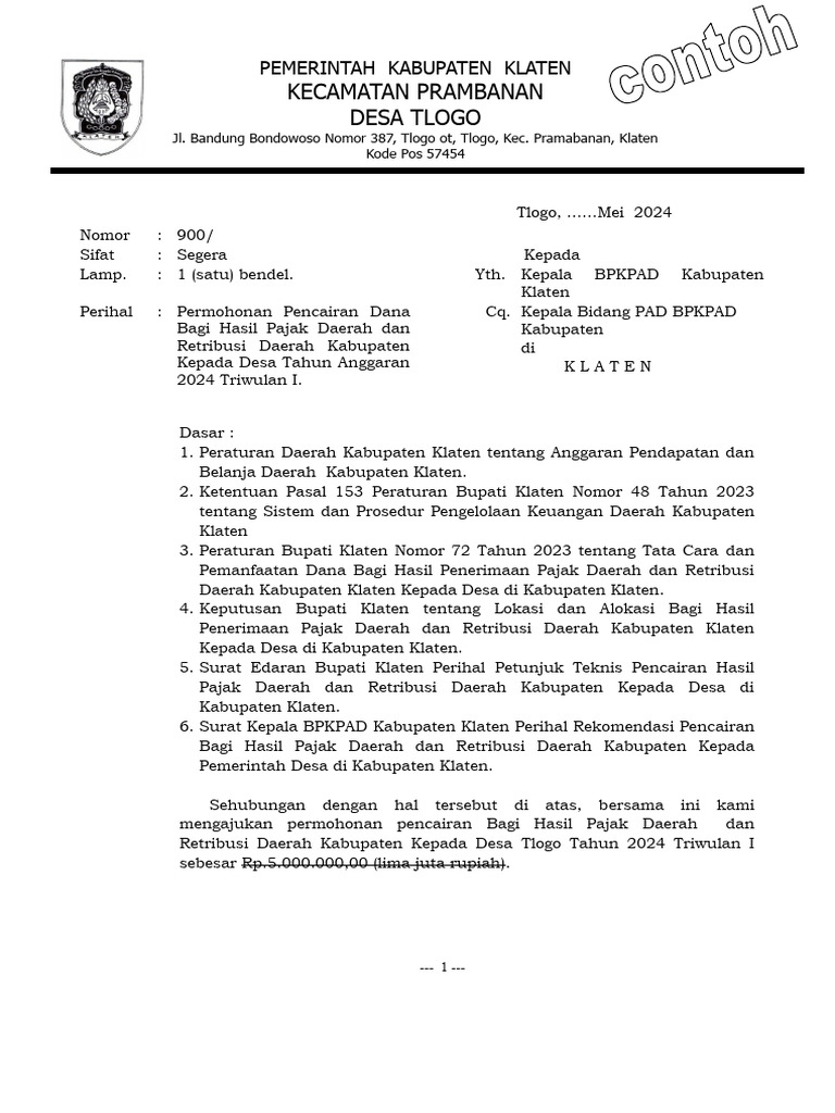 contoh proposal ajuan pencairan BHPDRD-2024 | PDF