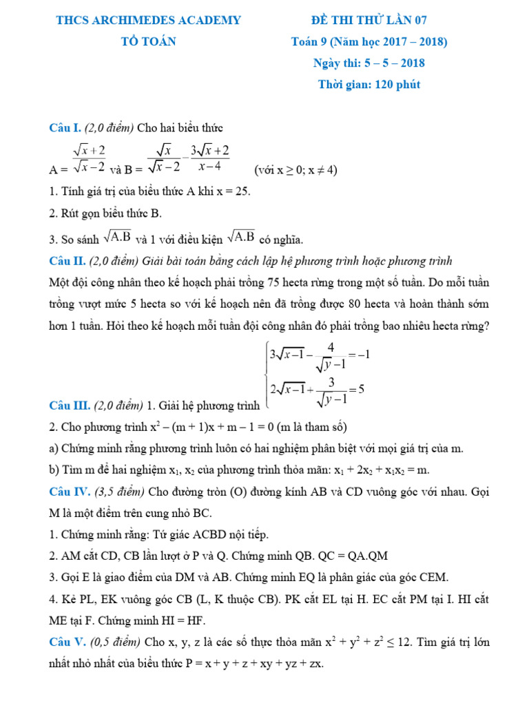KT9 - TT VÀO 10-lần-7-THCS-Archimedes-Academy-2017-2018 | PDF