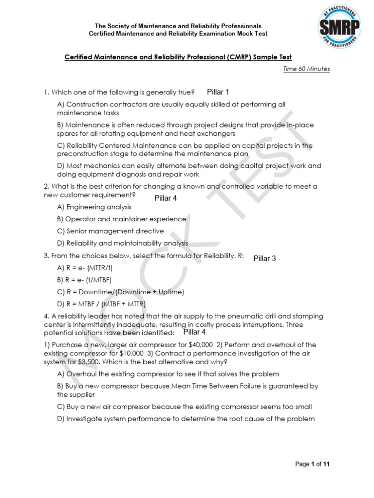 CMRP Certification Mock Test Questions | PDF | Reliability Engineering ...