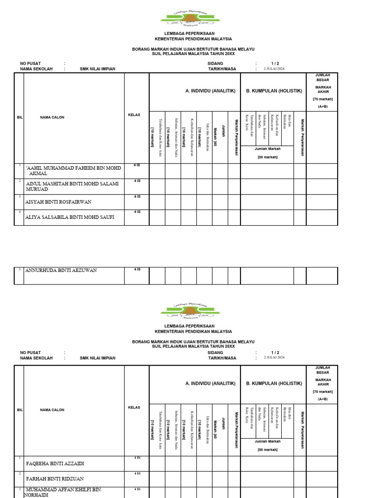 Borang Markah Ujian Bertutur | PDF