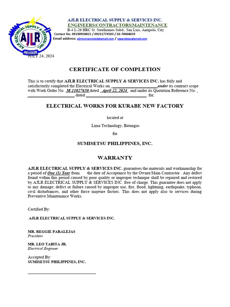 SAMPLE - Cerificate of Completion & Warranty | PDF