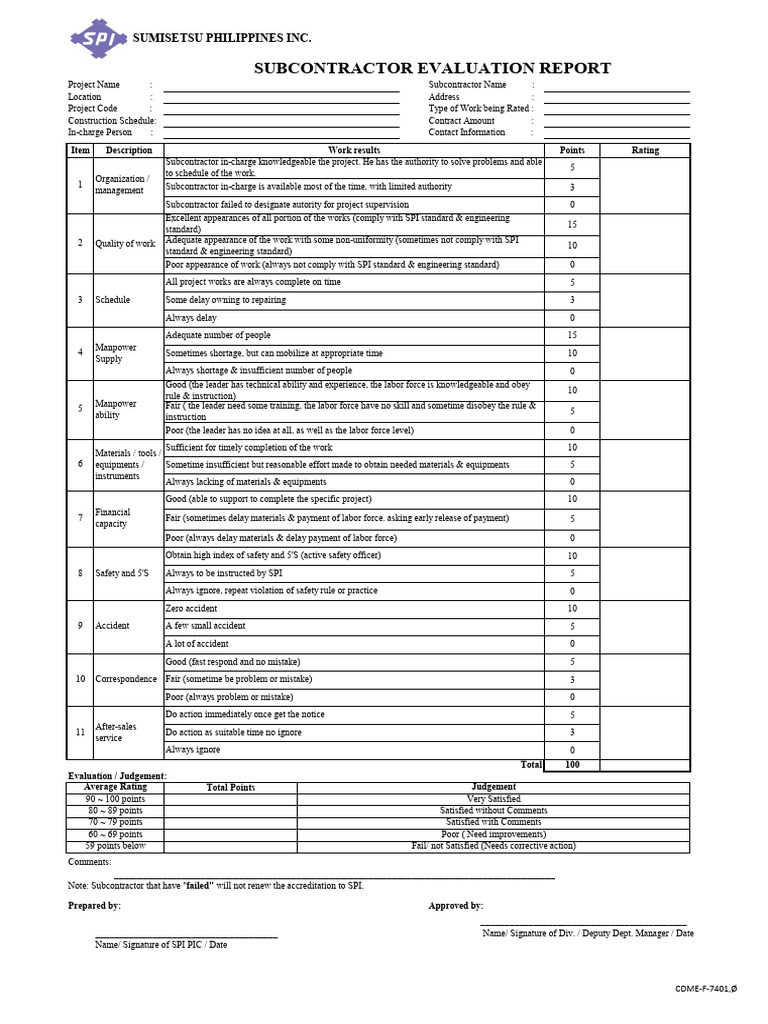 Form - Subcontractor Evaluation Report Rev.0 November 22, 2021 | PDF