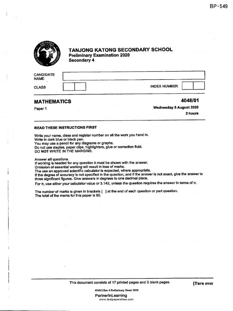 Sec4 EMaths 2021 SA2 Tanjong Katong | PDF