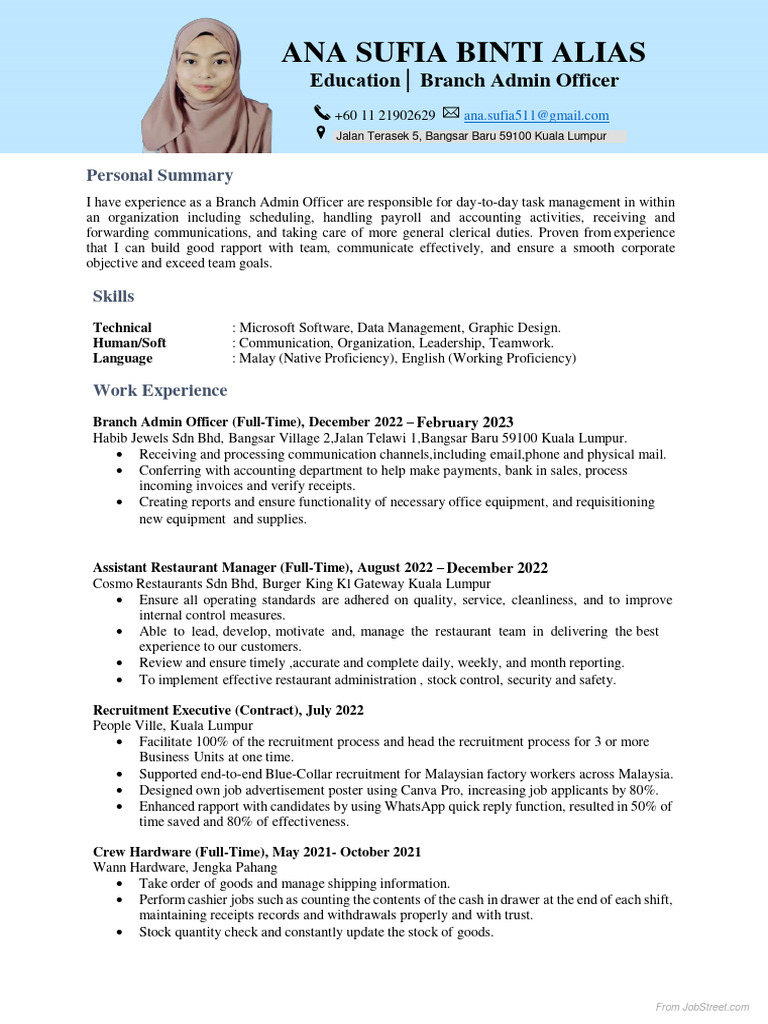 Ana Sufia - Branch Admin Officer | PDF