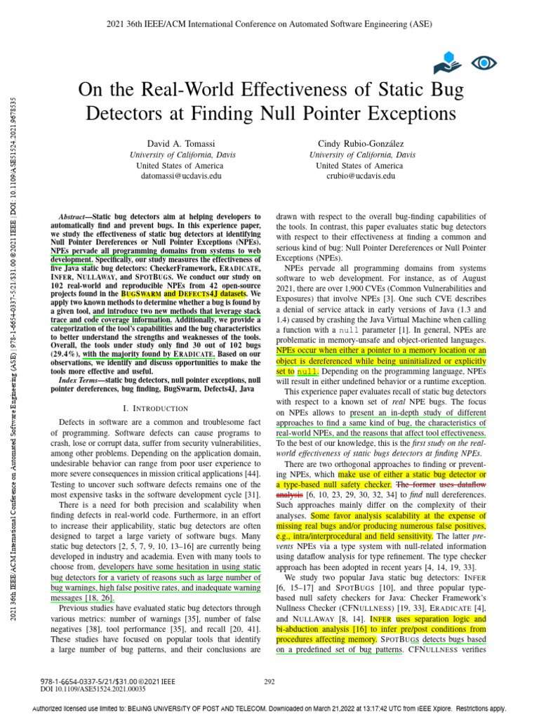 On The Real-World Effectiveness of Static Bug Detectors at Finding Null Pointer Exceptions | PDF ...