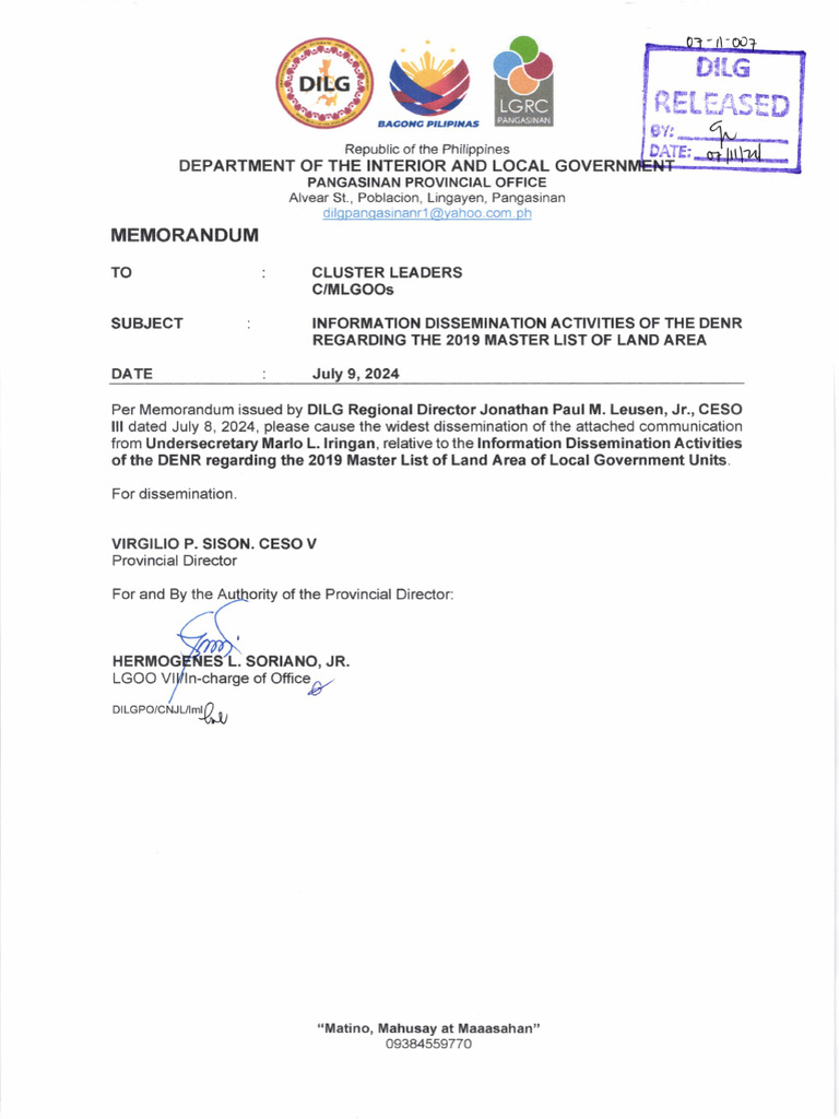 DENR Land Area Info Dissemination Memo | PDF