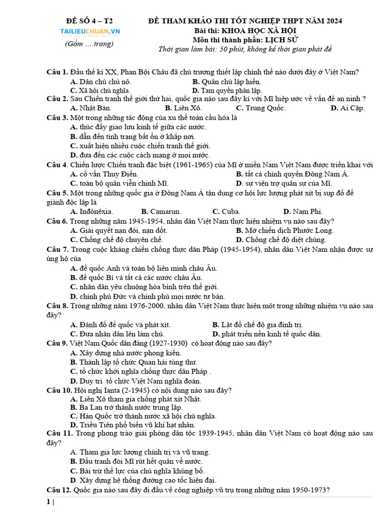 ĐỀ VIP 4 - PHÁT TRIỂN ĐỀ MINH HỌA THAM KHẢO BGD MÔN SỬ NĂM 2024 ( T2) | PDF