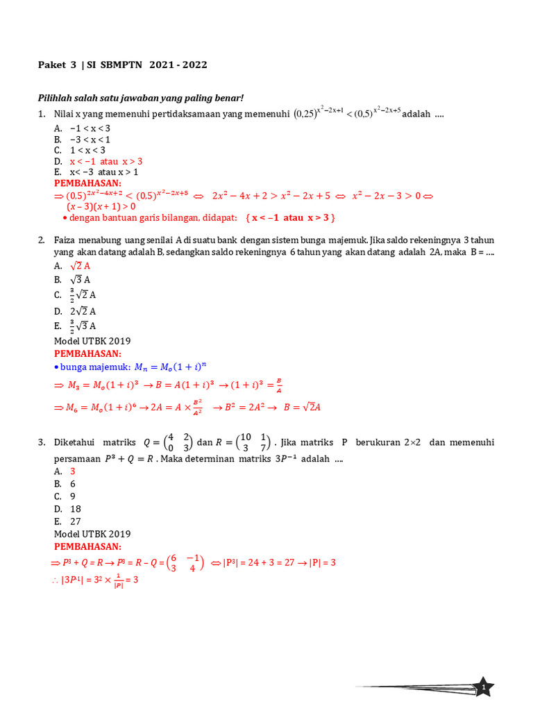 (Pembahasan) Soal KP Si SBMPTN Matematika Saintek - Paket 3 Ta 21-22 | PDF