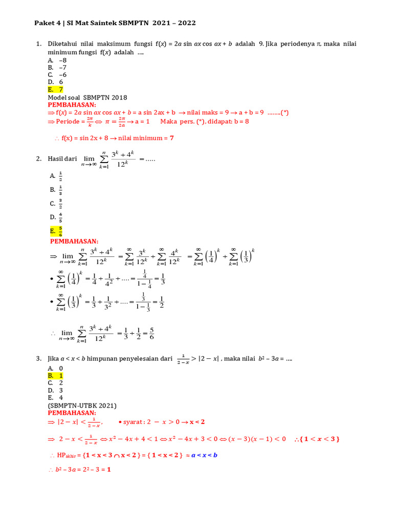 (Pembahasan) Soal KP SI SBMPTN Matematika Saintek Paket 4 TA 21-22 | PDF | Metode & Bahan Ajar