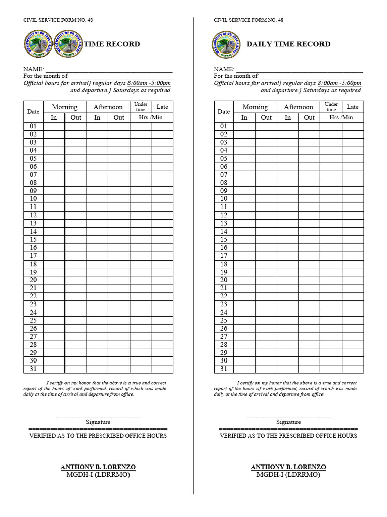Civil Service Daily Time Record Form | PDF