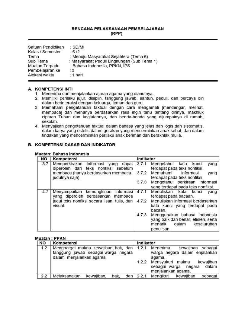 RPP Kelas 6 Tema 6 PB 3 | PDF | Karier & Perkembangan | Kajian Bahasa Asing