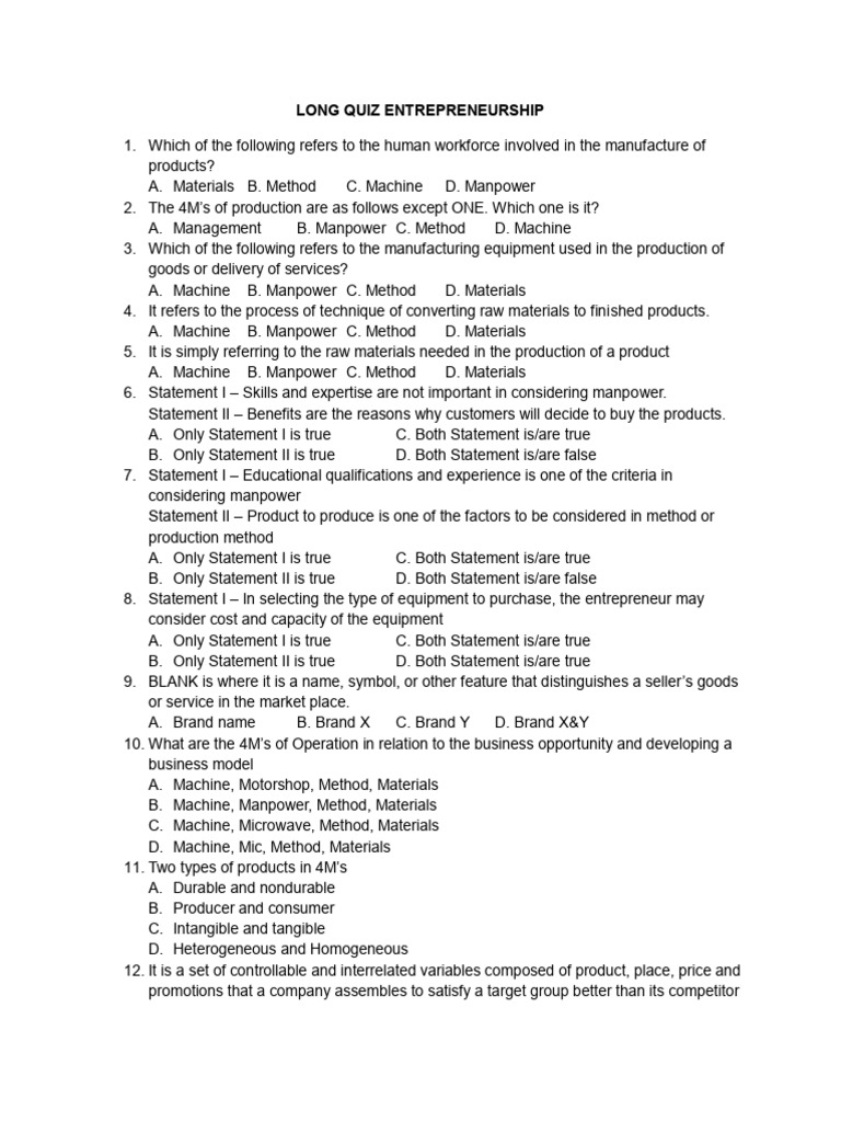 Long Quiz Entrepreneurship 1 | PDF | Product (Business) | Marketing