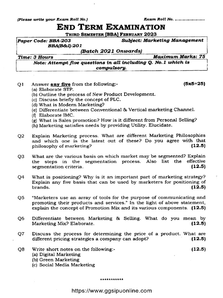 Bba 3 Sem Marketing Management Bba 203 Feb 2023 | PDF