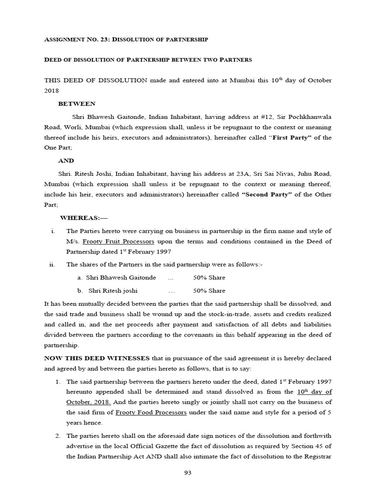 Partnership Dissolution Deed Template | PDF | Partnership | Business ...