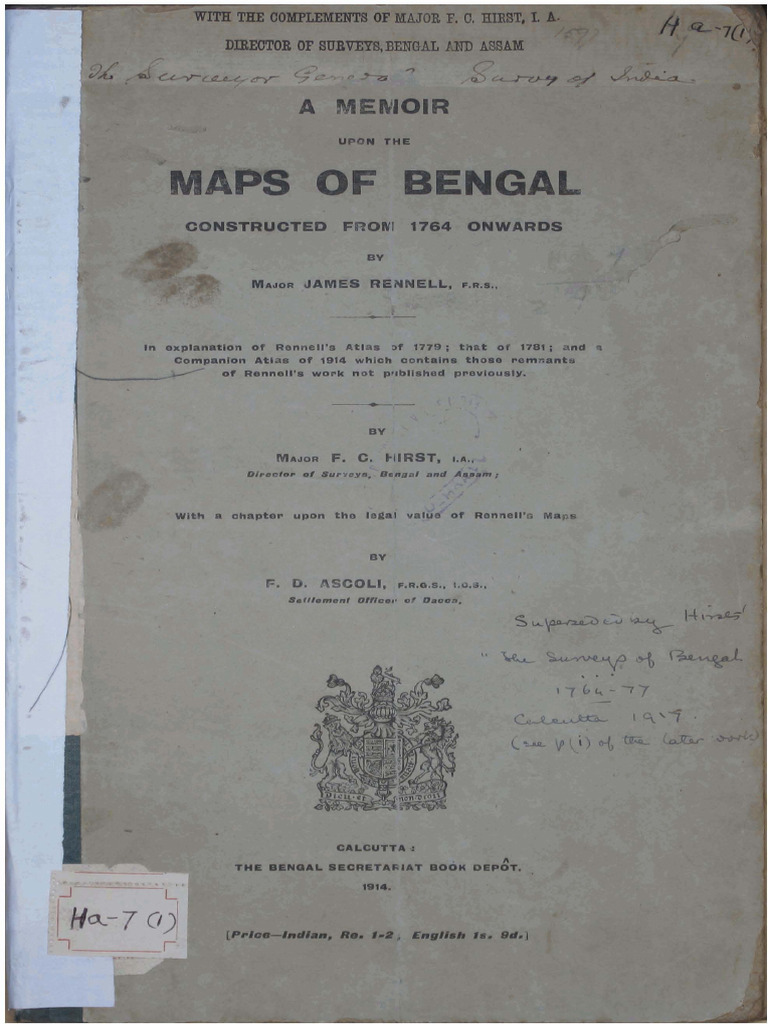 1914 Memoir Upon Maps of Bengal Constructed From 1764 Onwards by Major ...