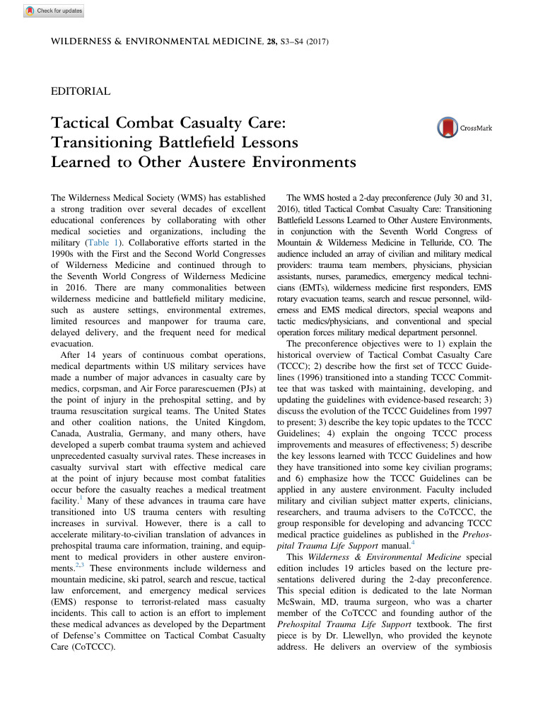 Bennett Et Al 2017 Tactical Combat Casualty Care Transitioning Battlefield Lessons Learned To ...