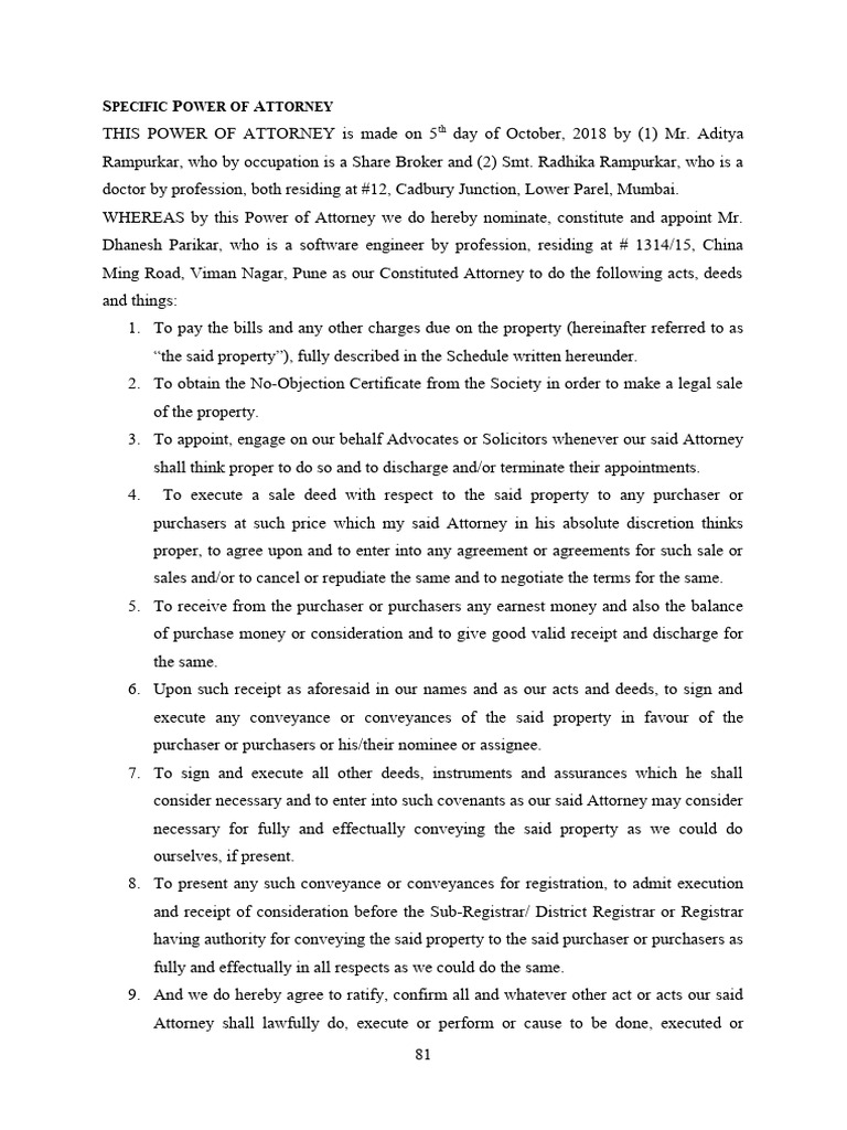 Specific Power of Attorney Document | PDF | Deed | Conveyancing