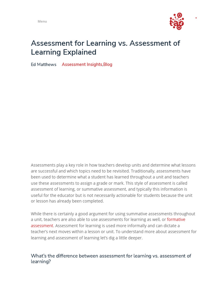Assessment For Learning vs. Assessment of Learning Explained - TAO ...