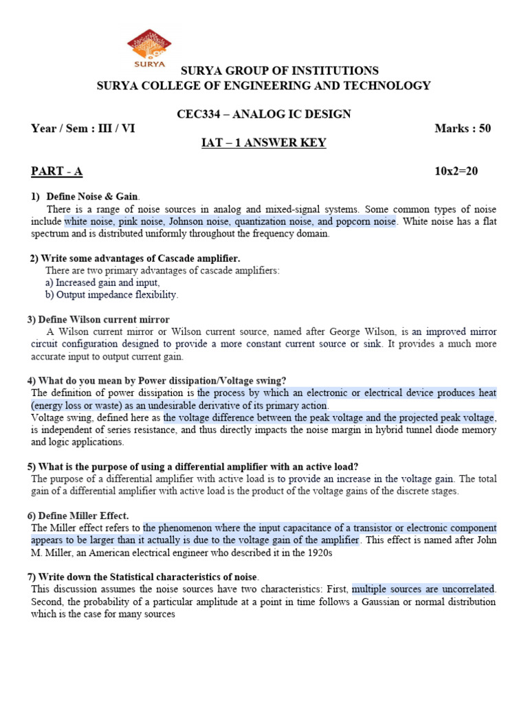 AIC IAT - 1 Answer Key | PDF | Amplifier | Operational Amplifier