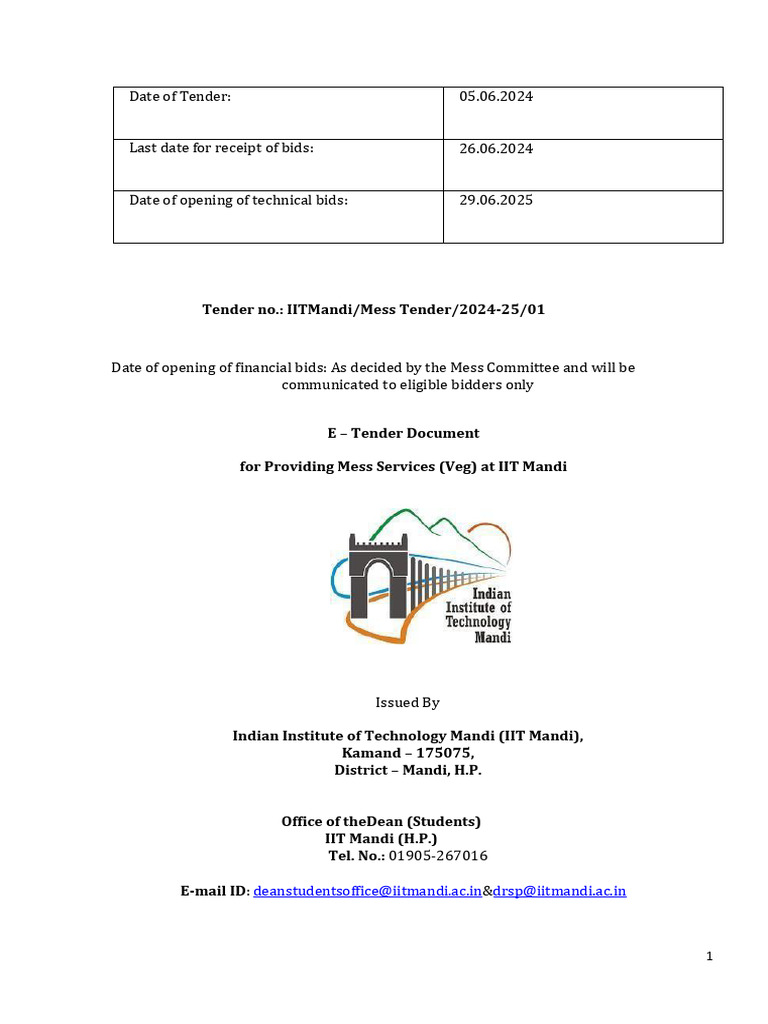 IIT Mandi Veg Mess Tender 2024-25 | PDF | Pickling | Taxes
