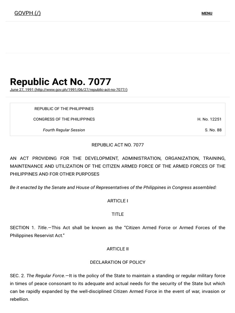 G - RA 7077 - AFP Reservist Act 1991 | PDF | Reserve Officers' Training ...