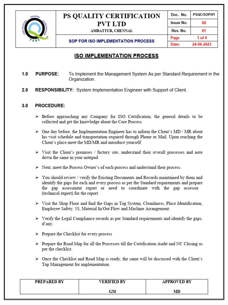 Sop For Iso Implementation at PSQC | PDF | Audit | Internal Audit