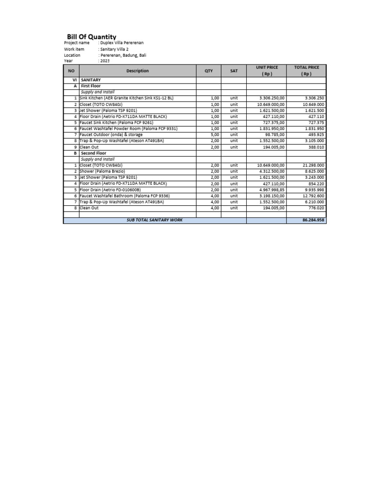 Bill of Quantity: Total Price (RP) NO Description QTY SAT Unit Price ...