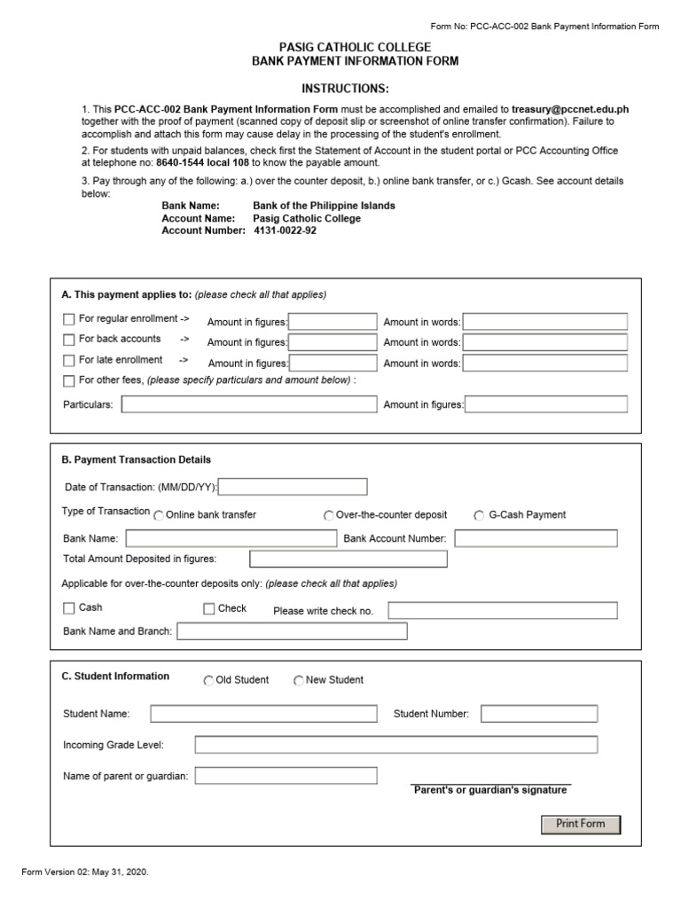 Bank Payment Information Form | PDF | Banks | Deposit Account
