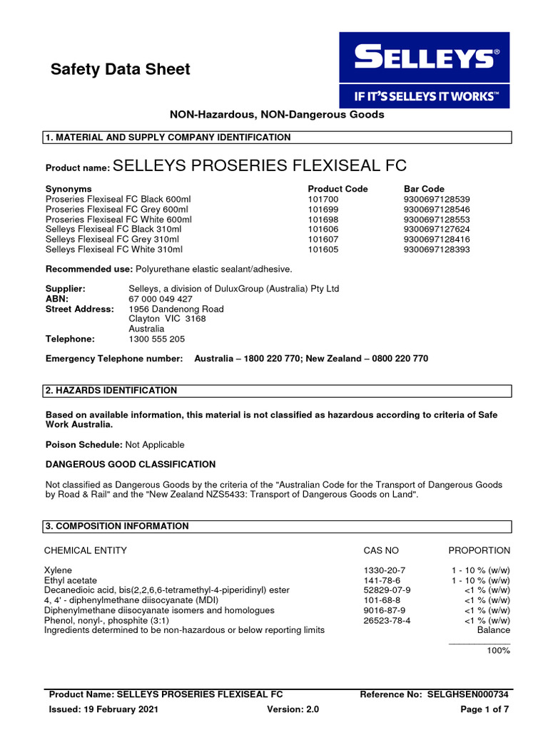 Selleys Flexiseal FC Safety Data Sheet | PDF | Dangerous Goods | Toxicity