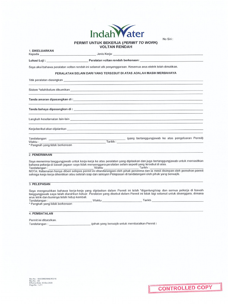 IWK-OMD-MNE-FO-16 Rev0 Permit Untuk Bekerja - Permit To Work Voltan ...