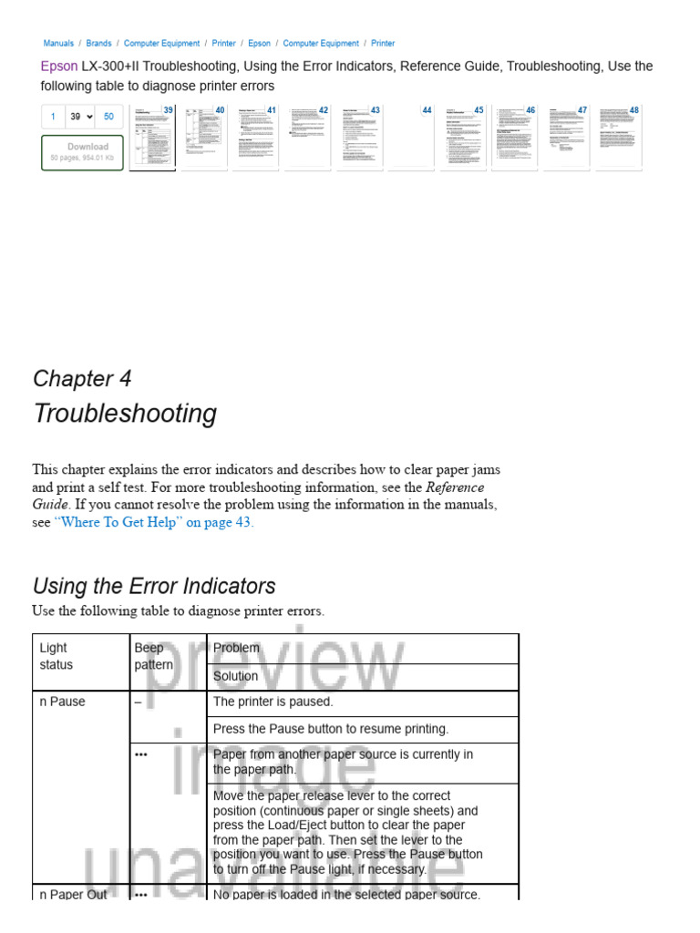 Epson LX-300+II Troubleshooting, Using The Error Indicators, Reference Guide, Troubleshooting ...