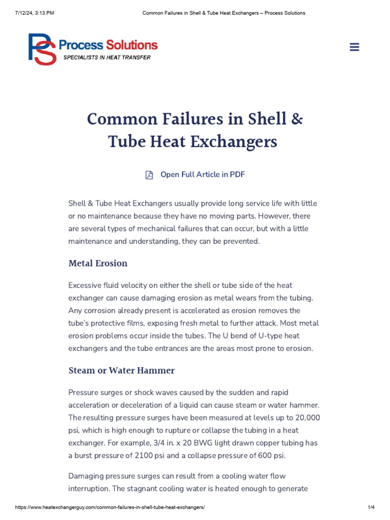 Common Failures in Shell & Tube Heat Exchangers Process Solutions ...