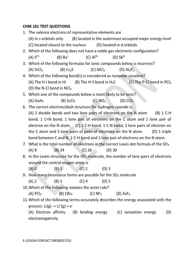 CHM 101 Test Questions and Answers | PDF | Chemical Bond | Covalent Bond
